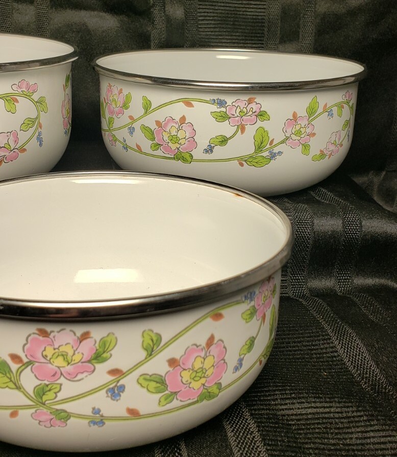 Kobe Kitchen Enamel (3) Mixing Nesting Bowls blueberries Vtg Pattern No ...