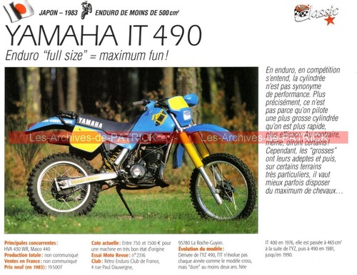 YAMAHA IT 490 ( IT490 ) 1983 Fiche Moto 000256 | eBay