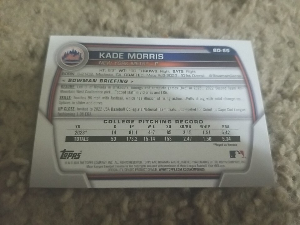KADE MORRIS 2023 BOWMAN DRAFT CARD BD-86 NEW YORK METS (FIRST PROSPECT ...