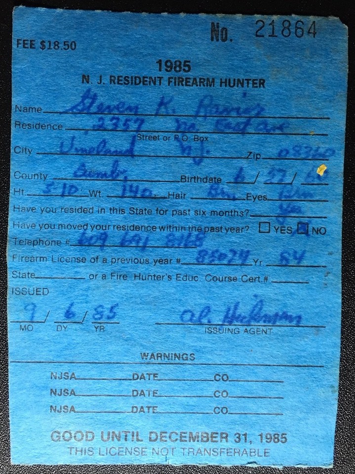 New Jersey 1985 Resident Firearm Hunting License #21864 - NJ | eBay