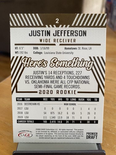 Justin Jefferson 2020 Sage Hit Premier Draft Minnesota Vikings Rookie ...