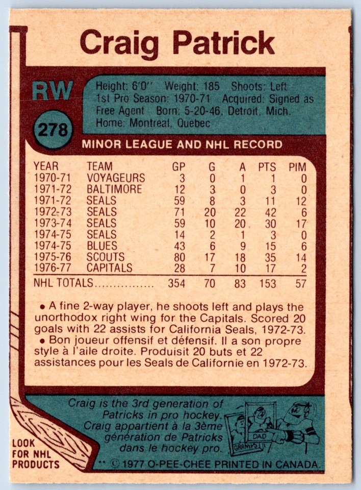CRAIG PATRICK 1977-78 O-PEE-CHEE 77-78 NO 278 NRMINT+ 54251 | eBay
