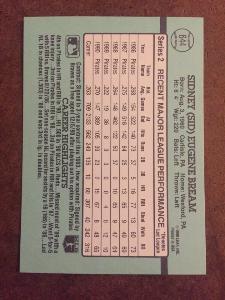 Sid Bream 644 Donruss 1991 MLB Baseball Card | eBay