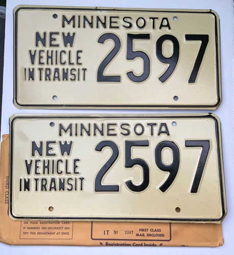 Pair 1976 Minnesota New Vehicle in Transit License Plate Tag 2597 ...