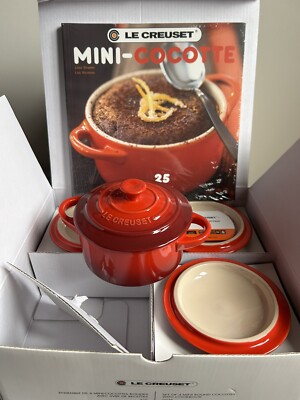 Le Creuset Set of 4 Stoneware Mini 8oz Cocottes with Cookbook, Cerise ...