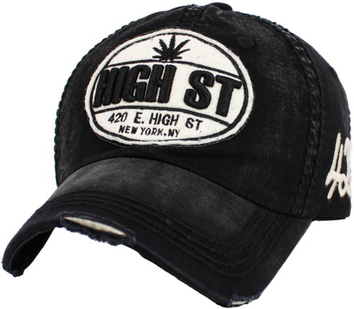 420 High Street Marijuana Pot Weed THC Distressed Solid Black Dad Hat ...