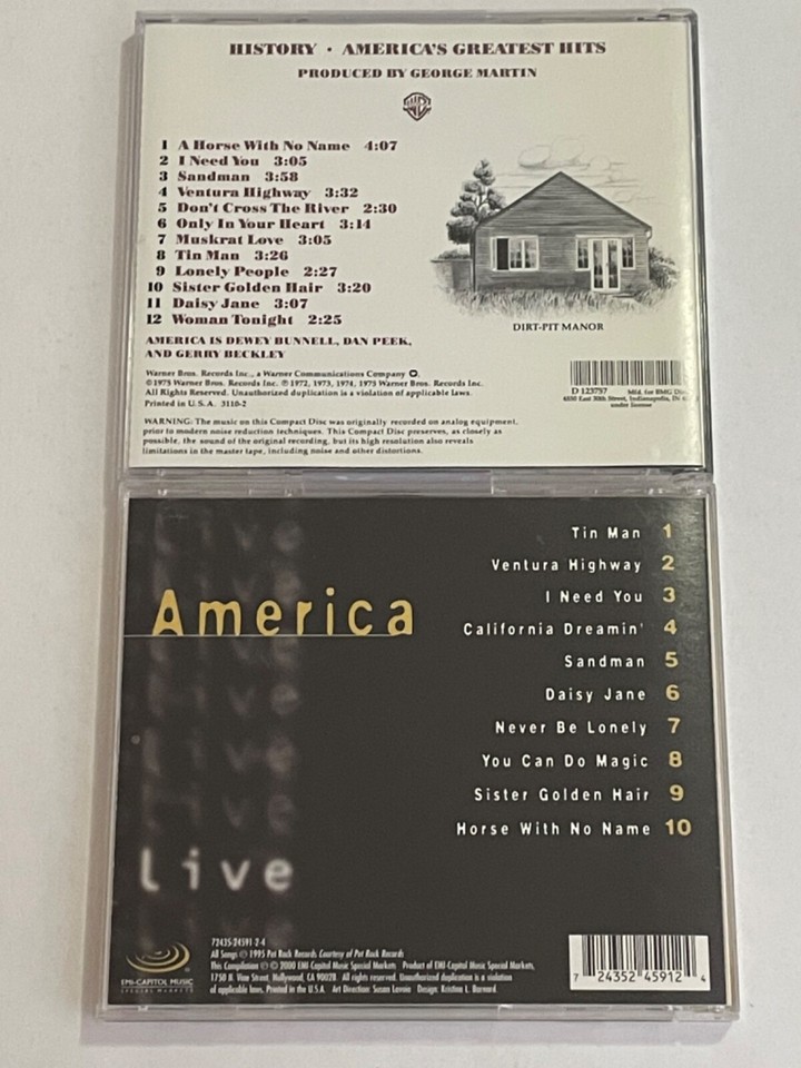AMERICA Live ( In Concert ) CD +BONUS America's Greatest Hits History ...