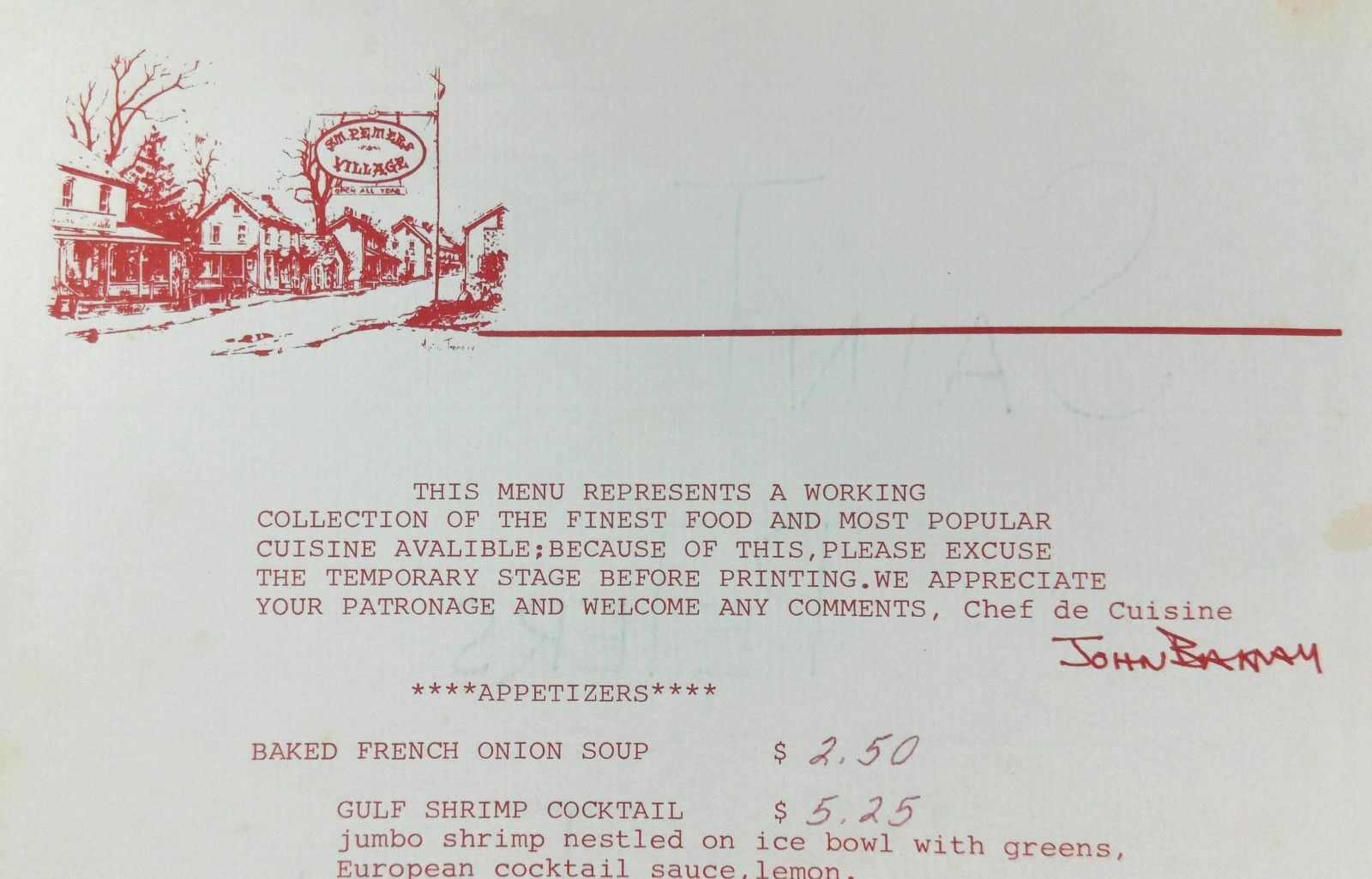 1983 Original TEMPORARY Menu SAINT PETERS INN VILLAGE St. Peters ...