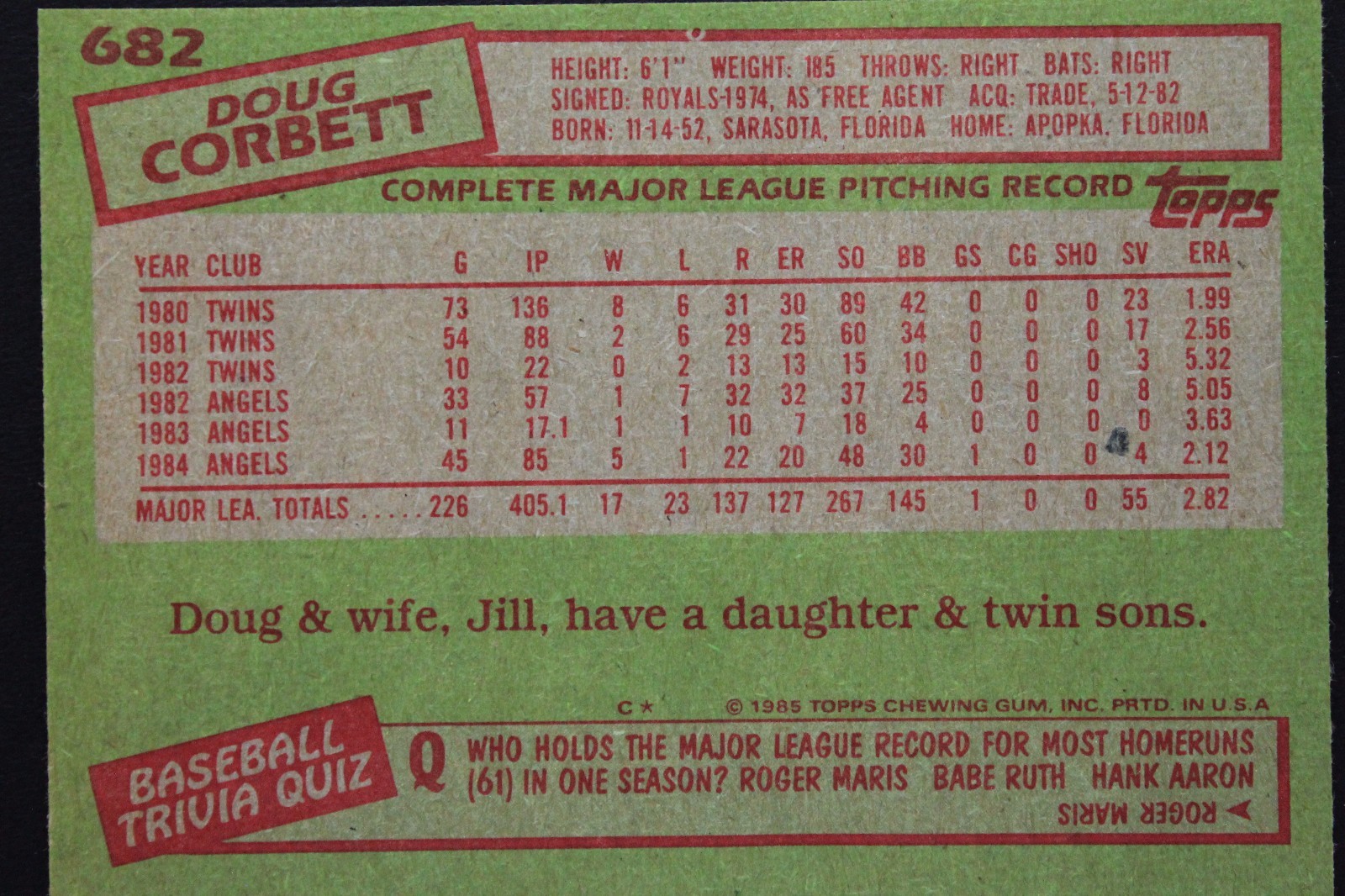 Doug Corbett Angels Twins Autographed 1985 Topps #682 Signed Card 16L ...
