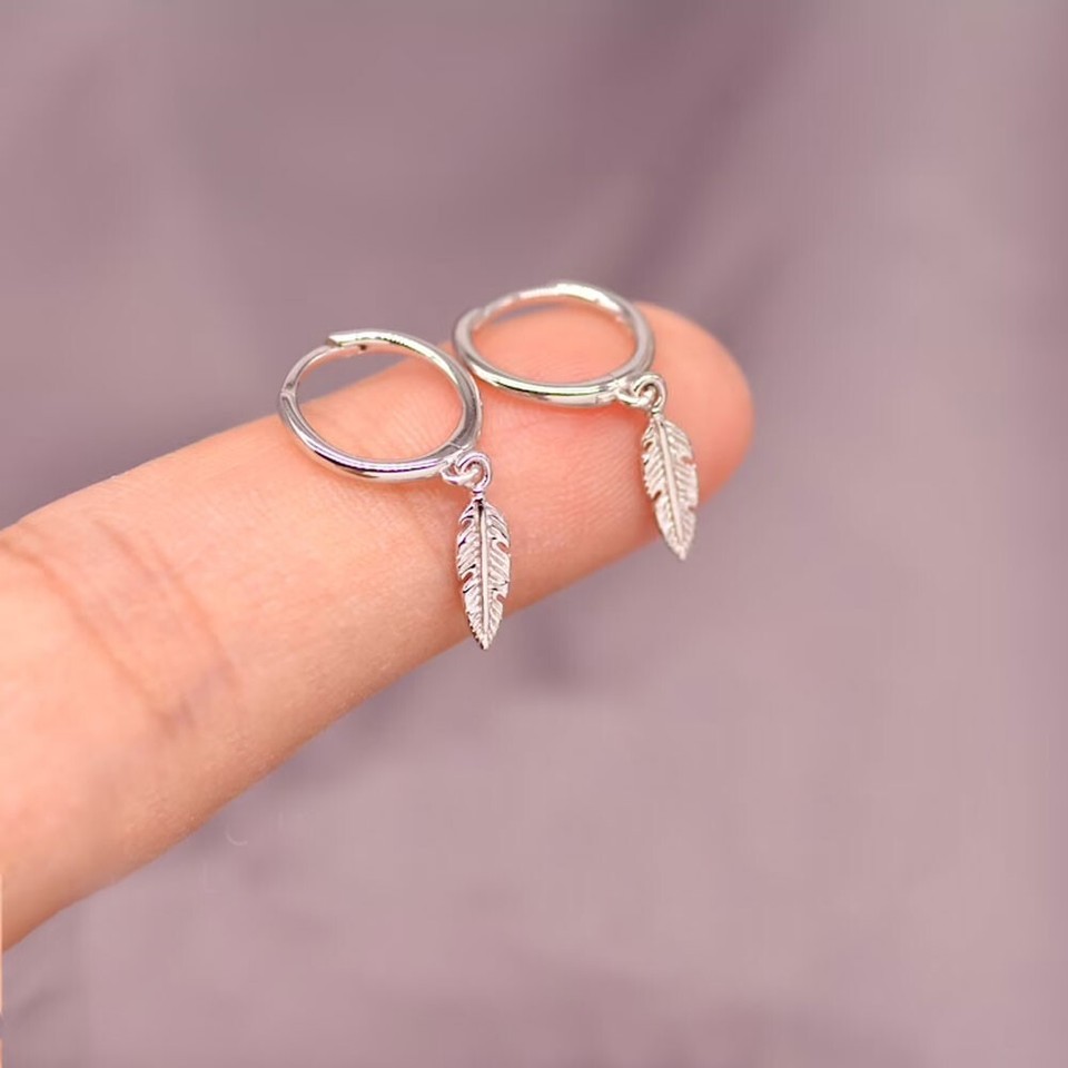 Dainty Feather Earrings 925 Sterling Silver Women Small Hoop Minimalist ...