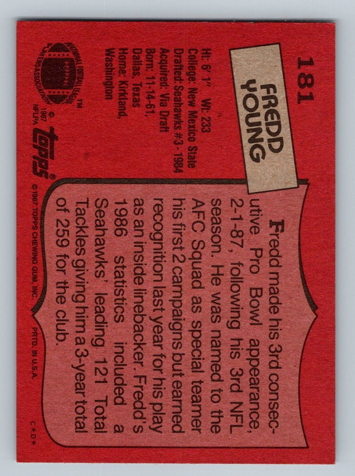 1987 Topps #181 Fredd Young Seattle Seahawks | eBay