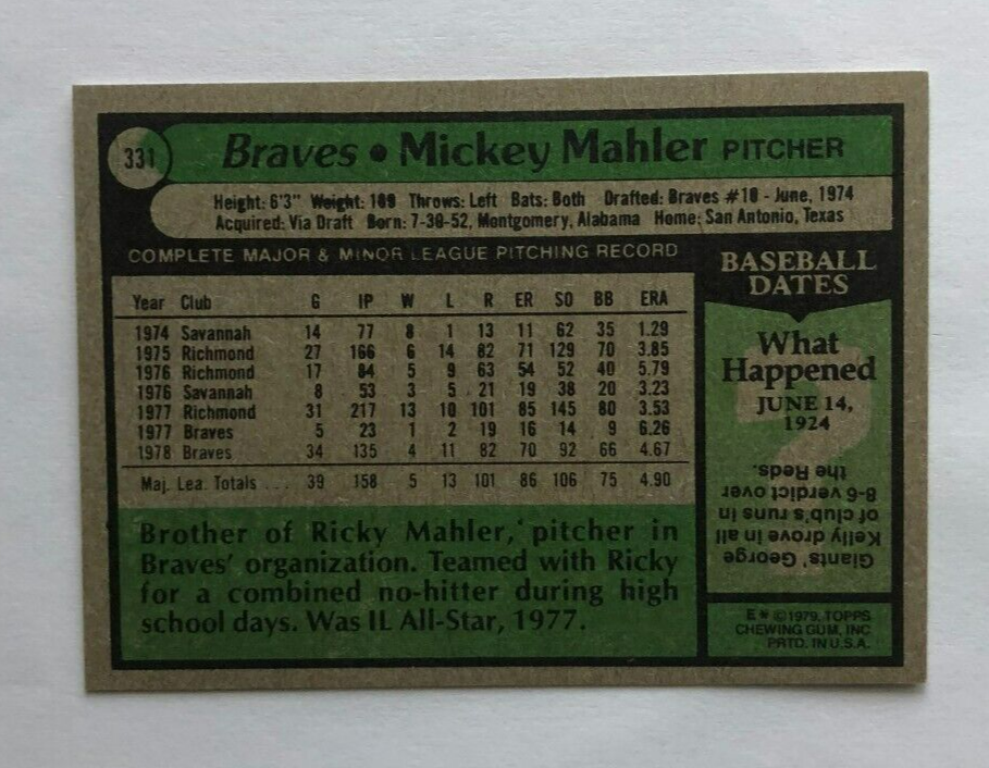 1979 TOPPS #331 Mickey Mahler Atlanta Braves EXMT-NM | eBay