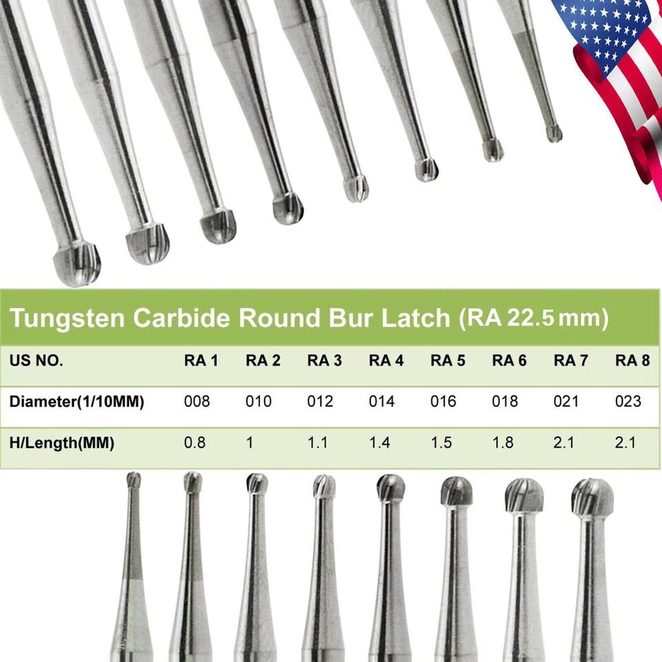 8 Type Dental Round Tungsten Steel Carbide Burs RA Latch Low Speed ...