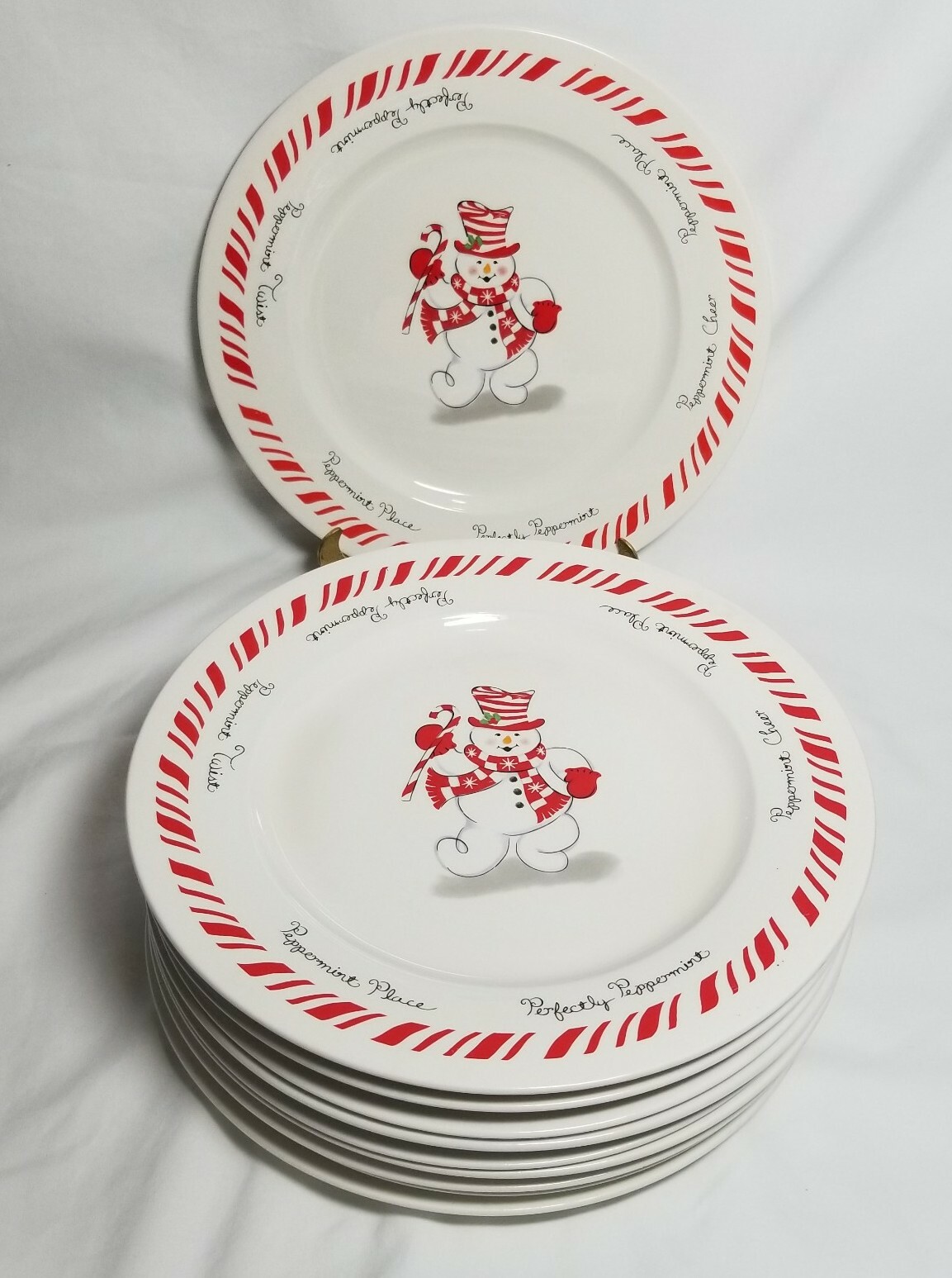 (1) perfectly peppermint place twist 11" red snowman dinner plate ...