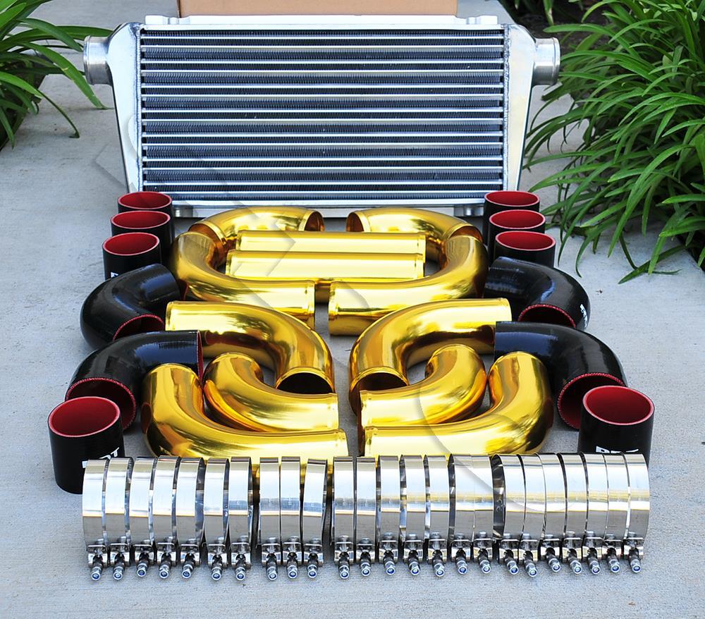 12 pc 3" Polished Intercooler + Gold Piping + Black Silicone Coupler ...