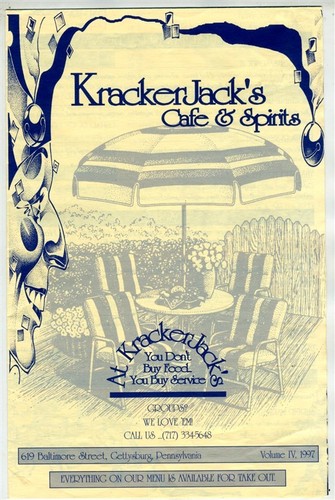 Kracker Jack's Cafe & Spirits Menu 1997 Gettysburg Pennsylvania Haunted ...