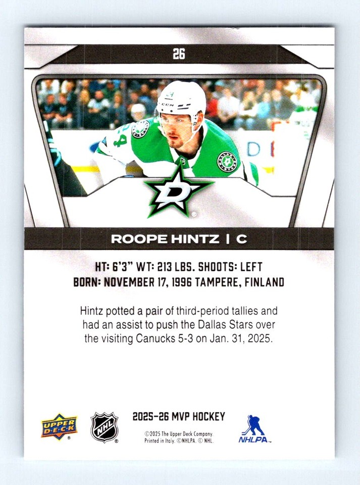 #26 2025-26 Upper Deck MVP Roope Hintz Dallas Stars | eBay