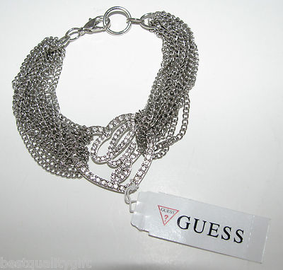 NEW SILVER TONE GUESS MULTI-CHAIN LINK+HEART CRYSTAL LOGO PENDANT ...