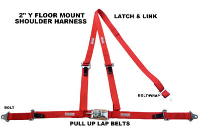 RED 3 POINT RACE HARNESS 2" LATCH & LINK PULL UP LAP BELTS BOLT FLOOR ...