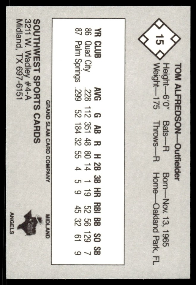 1988 Grand Slam Baseball Card Tom Alfredson Midland Angels #15 | eBay