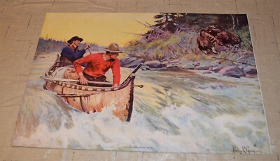 Vintage Philip R Goodwin scene Birch bark canoe Hunters Moose Rack ...