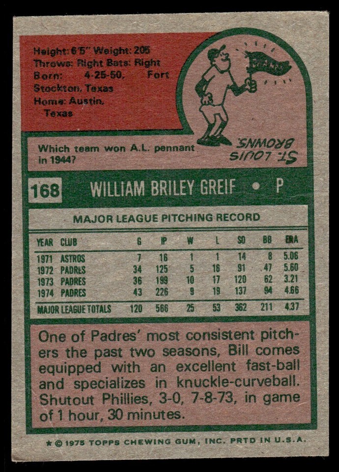 1975 Topps Bill Greif San Diego Padres #168 | eBay