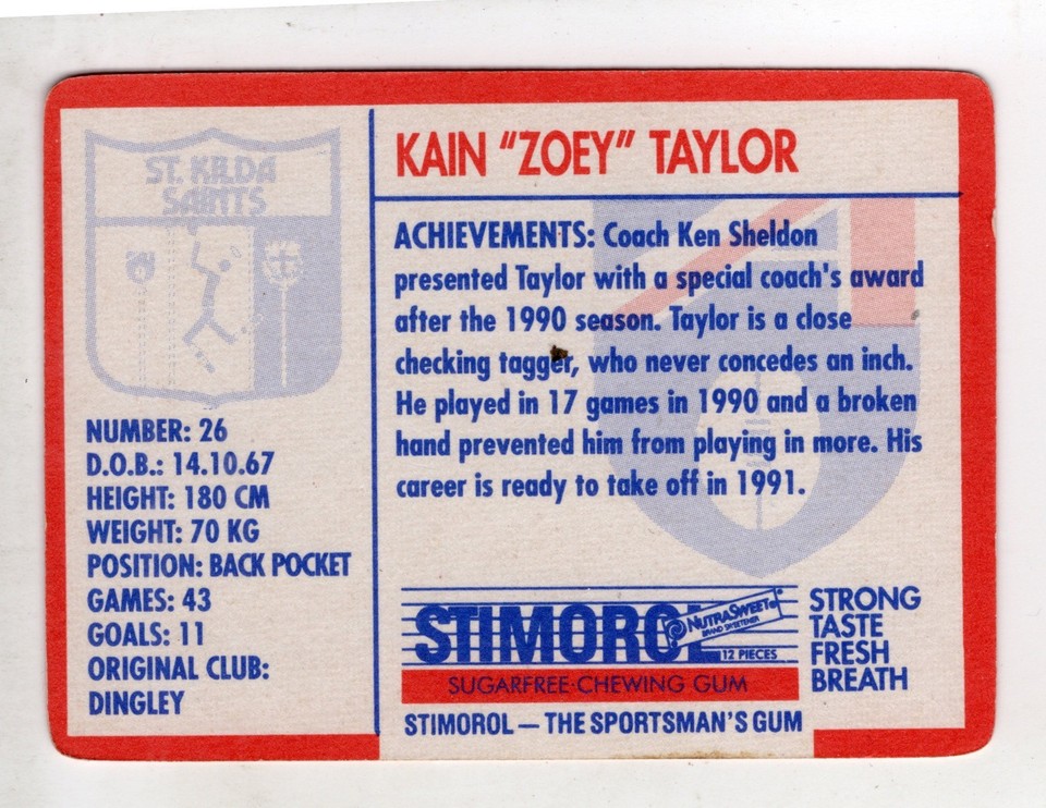 AFL Scanlens Stimorol 1991 #90 St Kilda Kain Taylor | eBay
