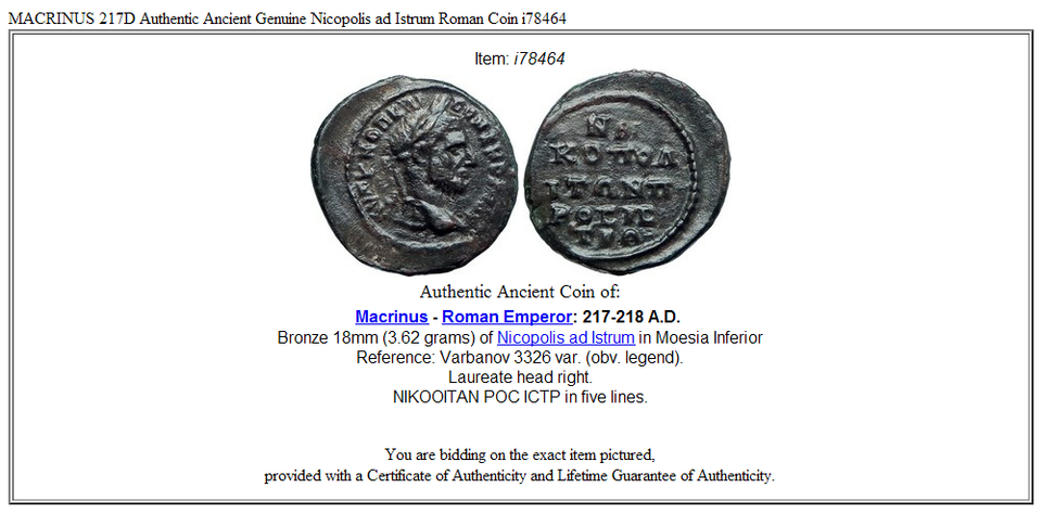 MACRINUS 217D Authentic Ancient Genuine Nicopolis ad Istrum Roman Coin ...