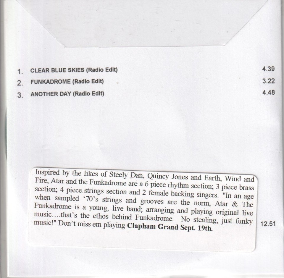 Atar and the Funkadrome Clear Blue Skies CDr UK D 2005 official cdr ...