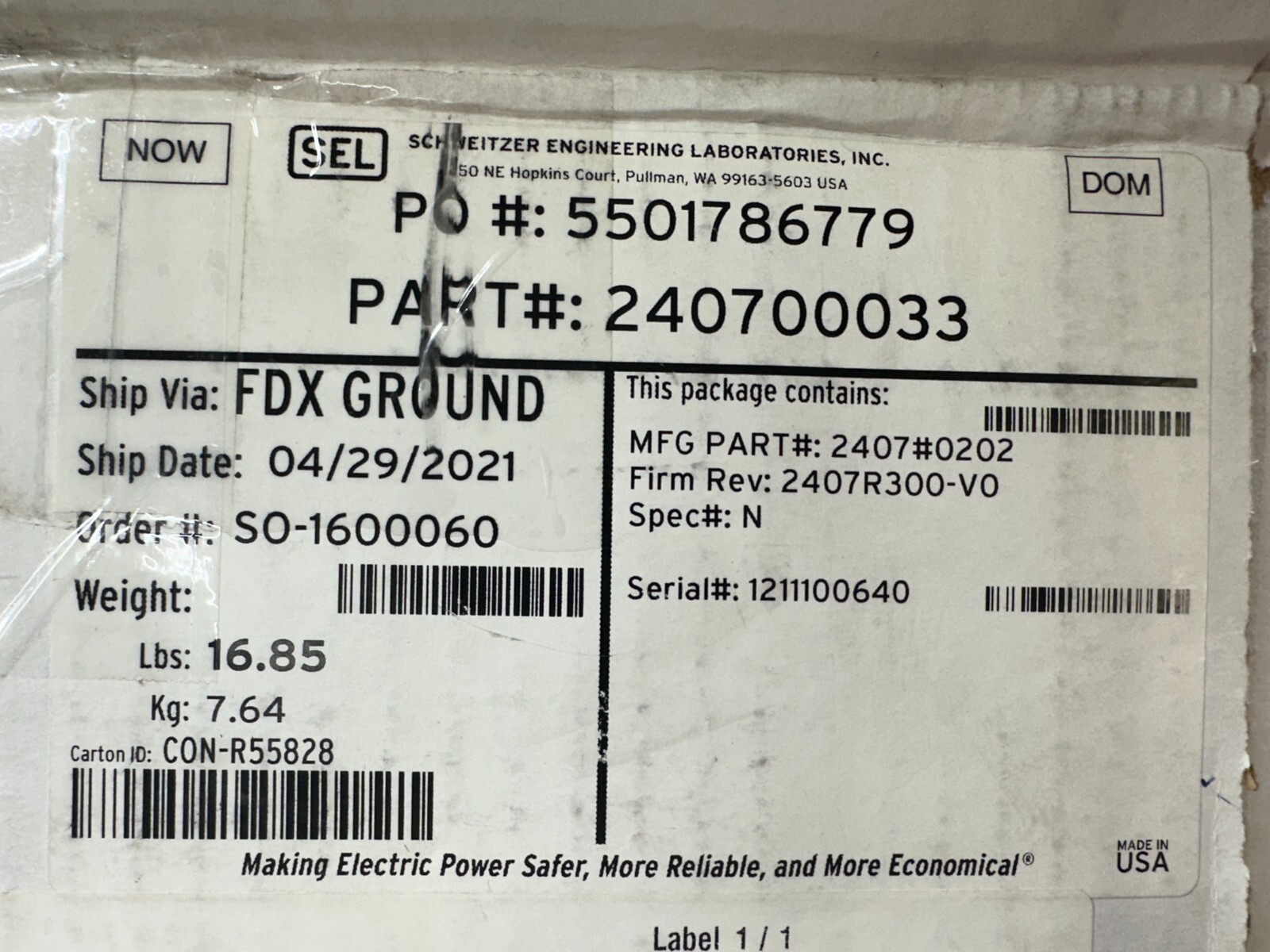 Schweitzer Engineering SEL-2407 Satellite Synchronized Clock 240700033 ...
