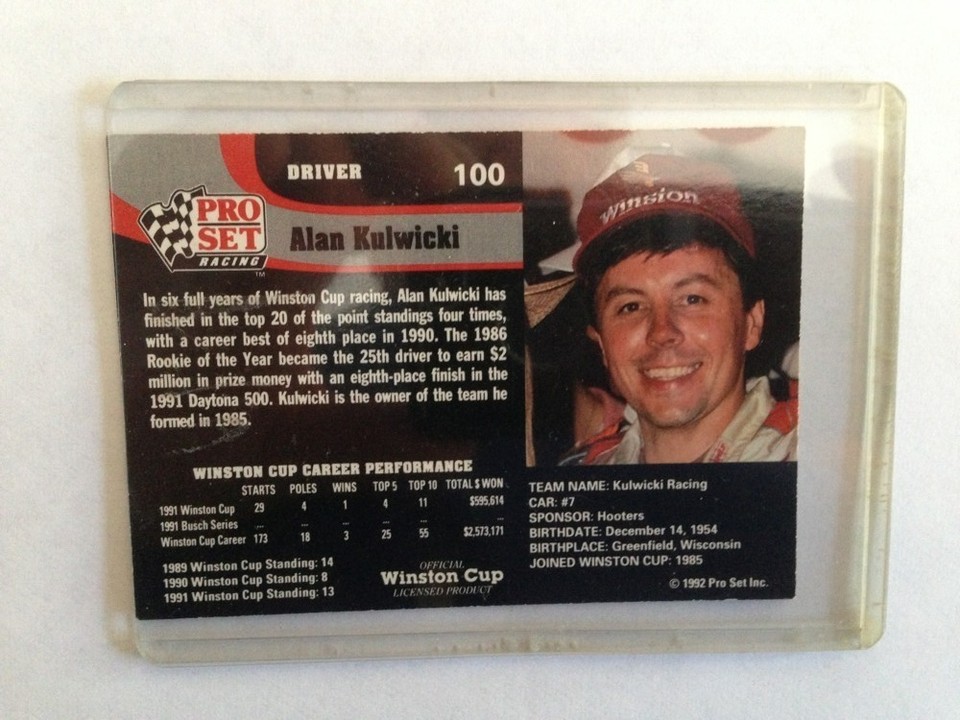 ALAN KULWICKI 1992 Pro Set Racing Trading Card - #100 Hooters NASCAR ...