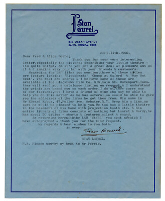 Stan Laurel Signed Letter "Way Out West, Block-heads, & A Chump at ...