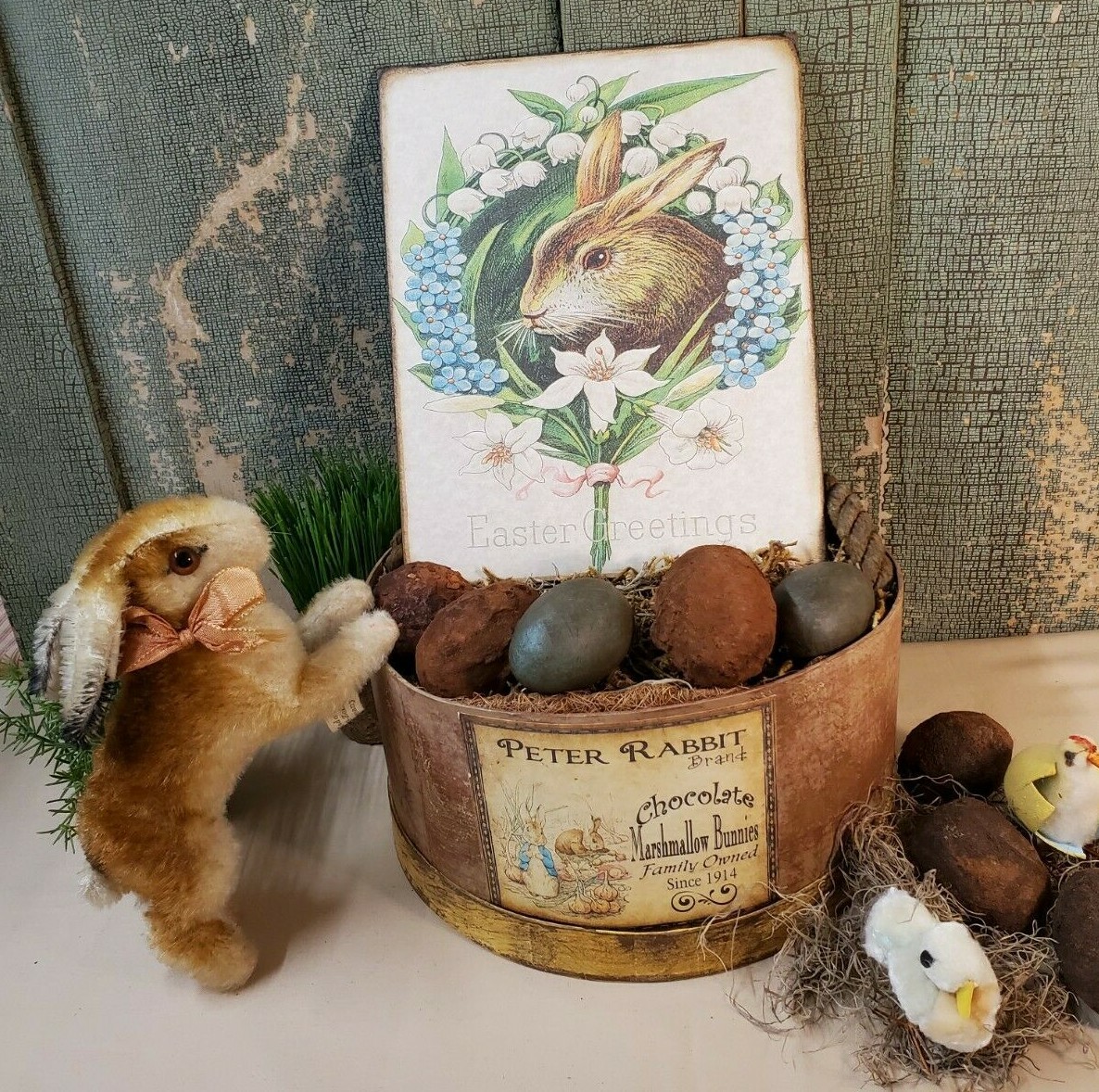 OLD PRIMITIVE ANTIQUE VINTAGE FOLK ART STYLE BUNNY RABBIT EASTER ...