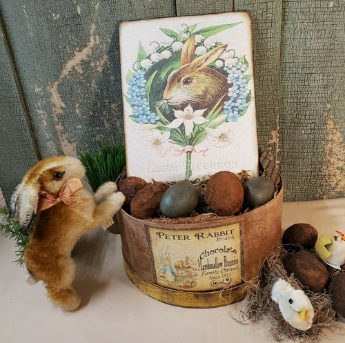 OLD PRIMITIVE ANTIQUE VINTAGE FOLK ART STYLE BUNNY RABBIT EASTER ...