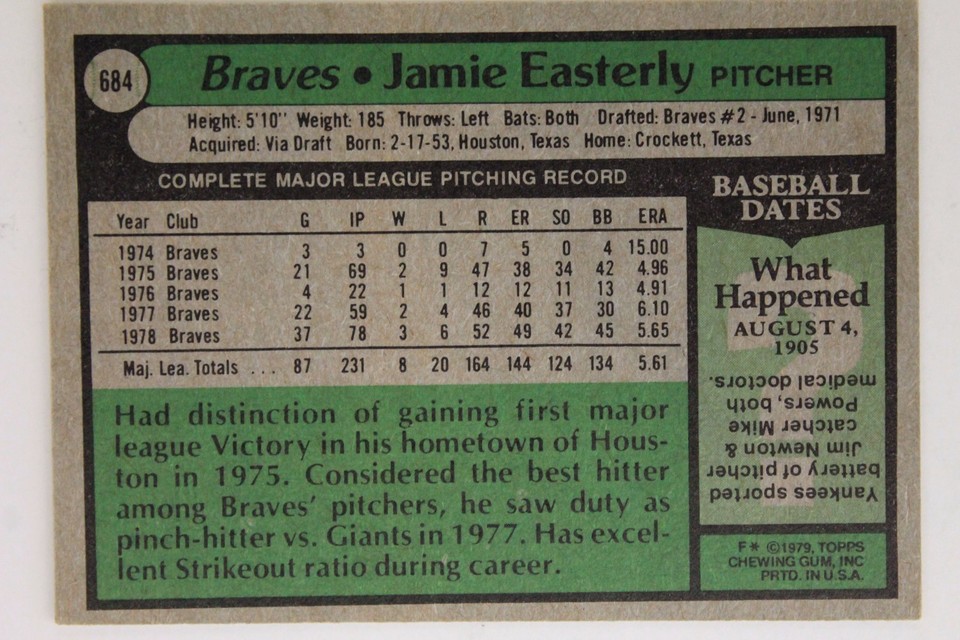 JAMIE EASTERLY Atlanta Braves Autographed 1979 Topps #684 Signed Card ...