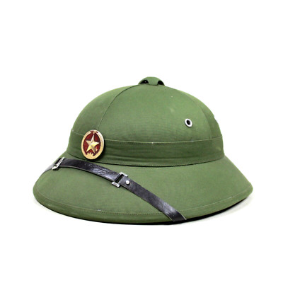 VIETNAM NORTH VIETNAMESE PITH SUN HELMET OD GREEN COVER LEATHER ...