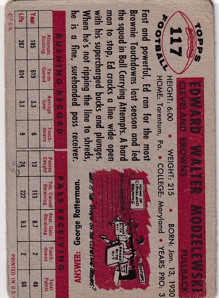 1956 TOPPS ED MODZELEWSKI CLEVELAND BROWNS #117 (REVIEW PICS) (VG-EX ...