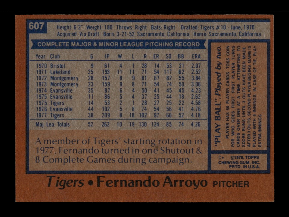 1978 Topps #607 Fernando Arroyo Detroit Tigers | eBay