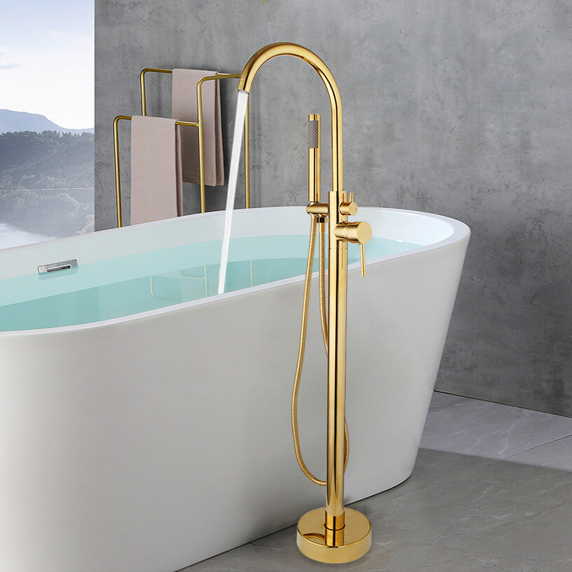 Floor Mounted Free Standing Bathtub Gold Mixer Shower Faucet Tub Filler ...