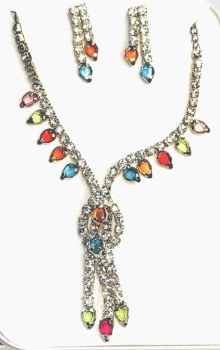 Necklace Earrings Jewelry Set With Multi Colored Crystals 20”L Silver ...