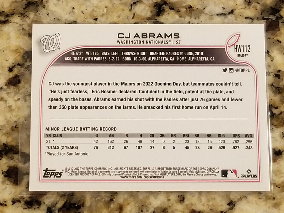CJ Abrams RC SP (819) HW 112 2022 Topps Holiday - Nationals - Candy ...