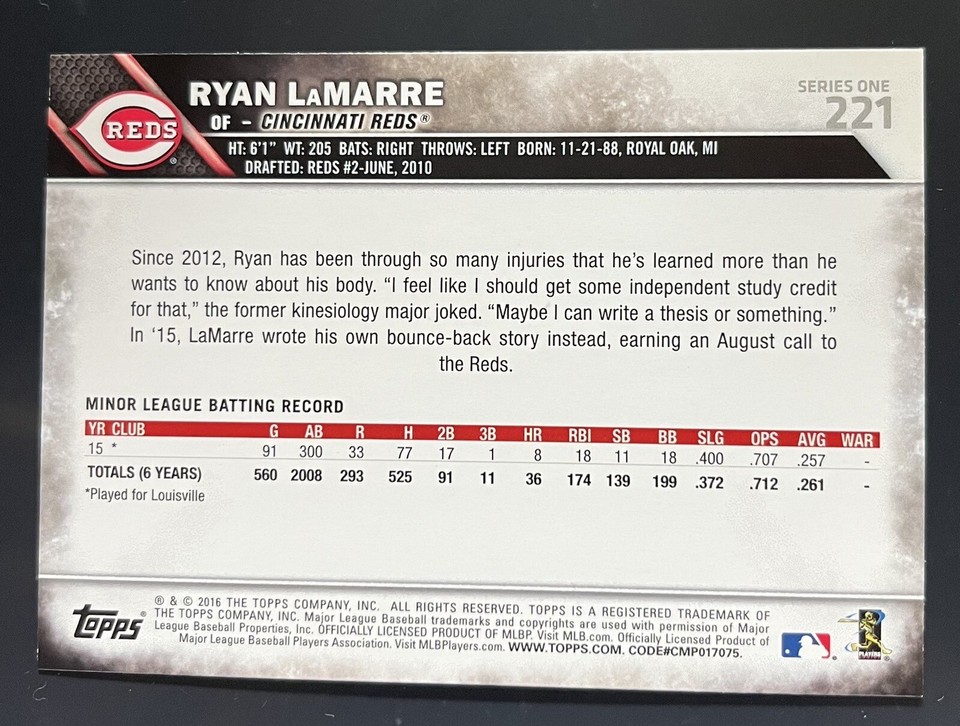 Ryan Lamarre Cincinnati Reds 2016 Topps Series One Rookie Card #221 | eBay
