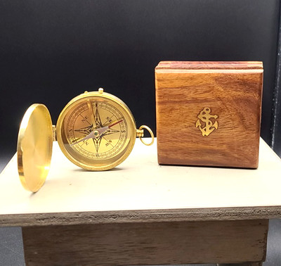 Vtg Brass Compass with Heavy Sturdy Hinged Case and Wood Box Nautical ...