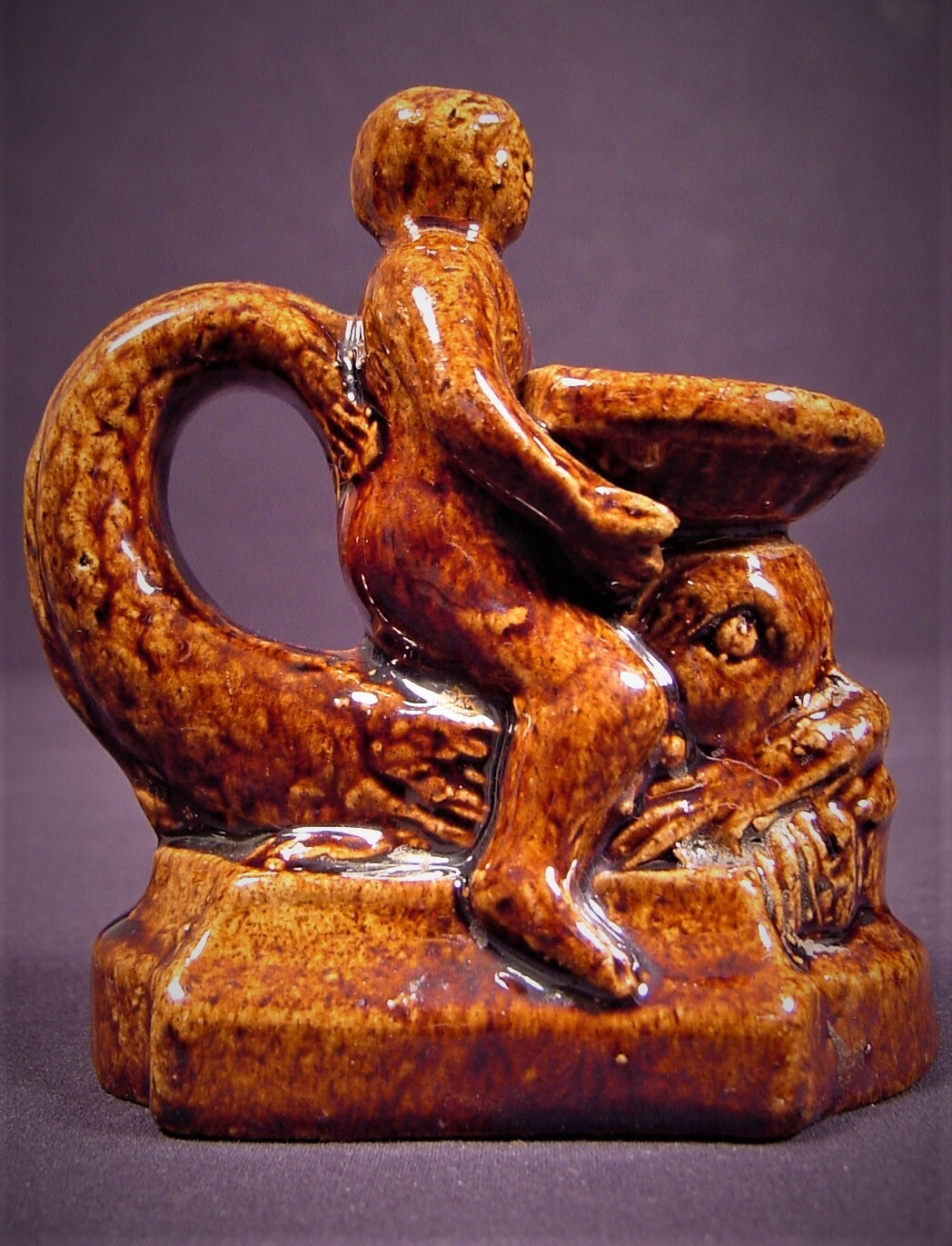 RARE ANTIQUE 1800s BOY RIDING DOLPHIN INK WELL ROCKINGHAM GLAZE YELLOW ...