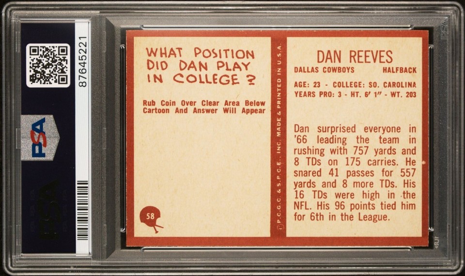 1967 PHILADELPHIA DAN REEVES RC (HOF), PSA 8!! JUST GRADED!! TOUGH ...
