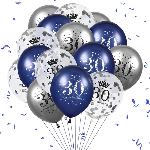 30th Birthday Balloons, 15 PCS 30 Anniversary Navy Blue Silver Latex ...