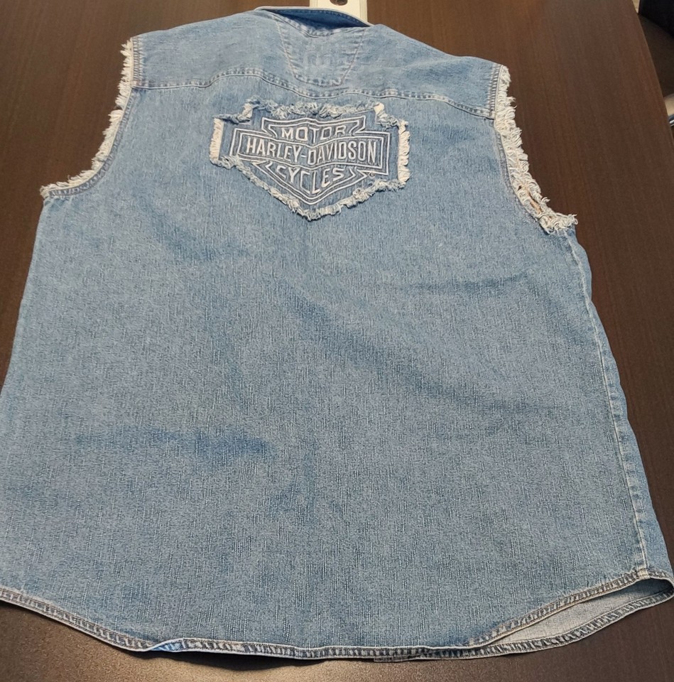 Harley-Davidson Denim Vest Blue Sleeveless Frayed Edges Patch An ...