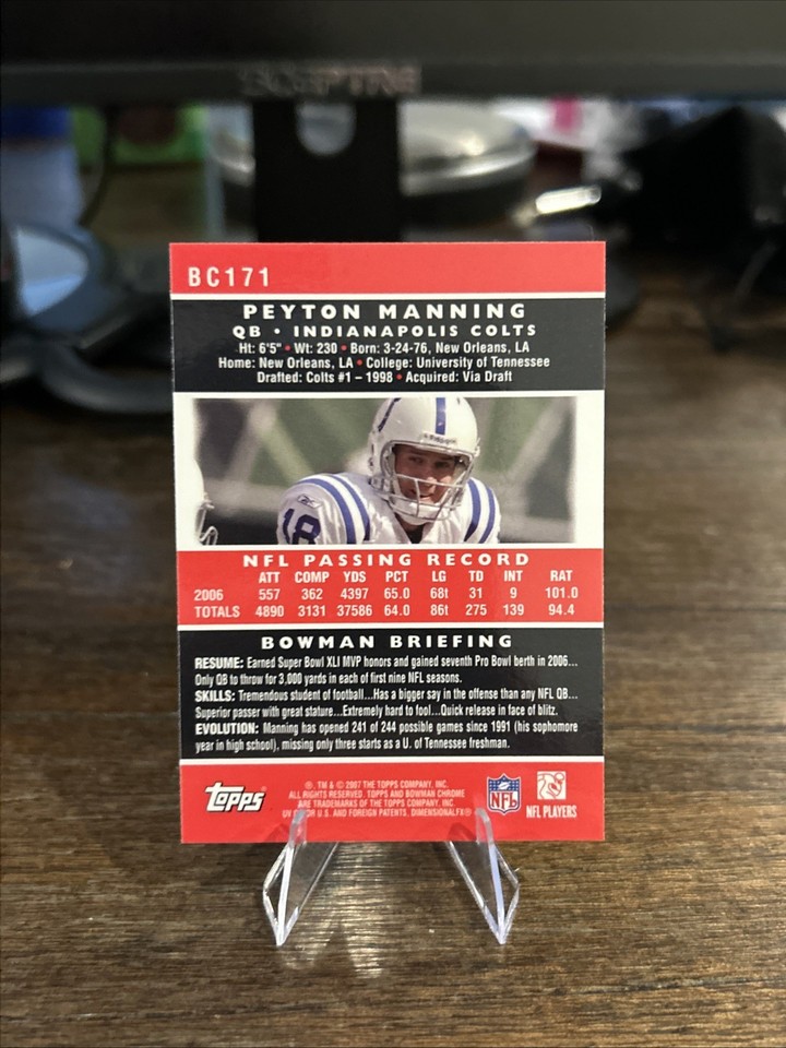 Peyton Manning 2007 Bowman Chrome #BC171 Indianapolis Colts Near Mint ...