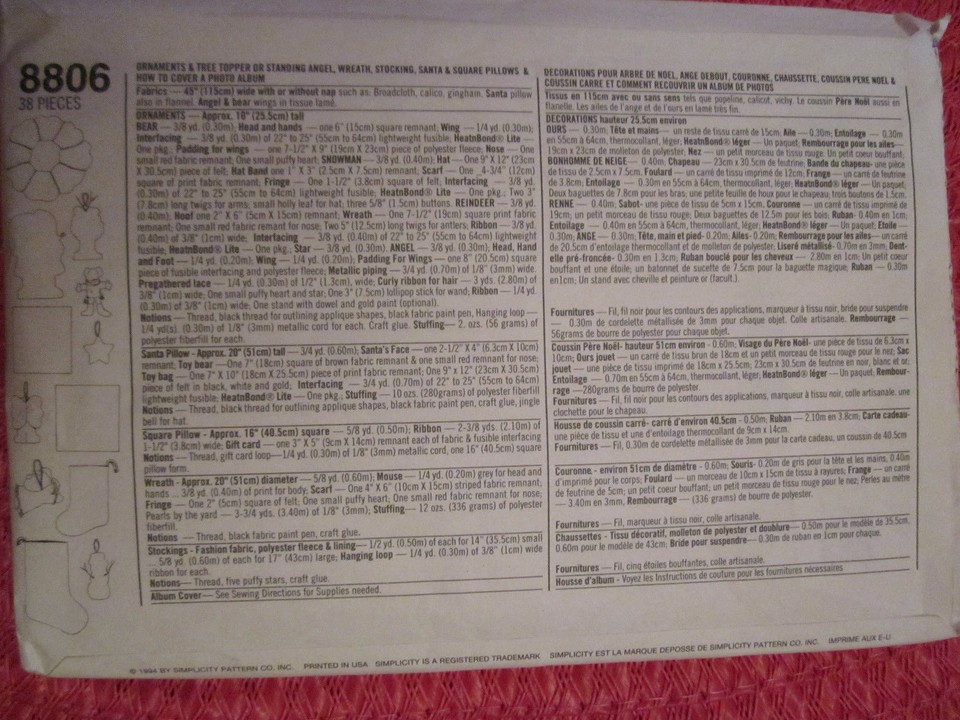 Simplicity 8806 CHRISTMAS ORNAMENTS ANGEL WREATH STOCKINGS SANTS ...