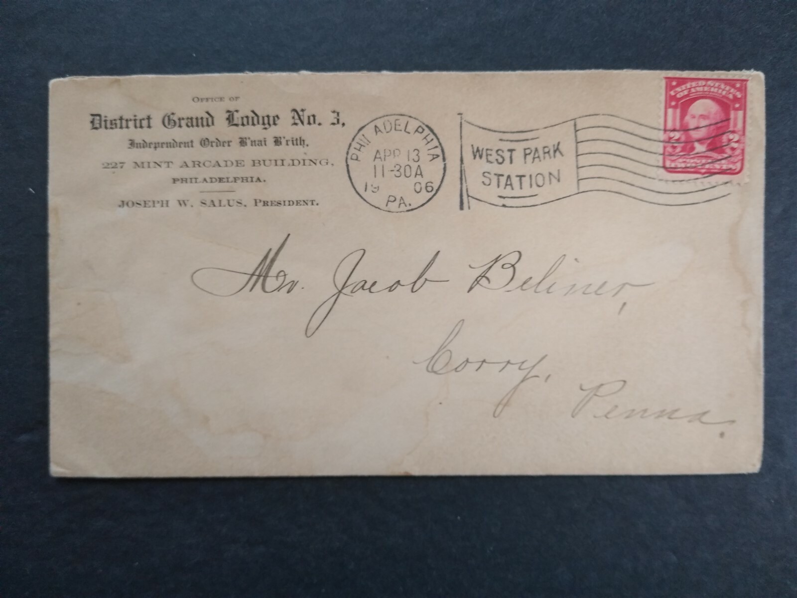 Pa: Philadelphia 1903 Independent Order of B'nai B'rith Cover, Flag ...